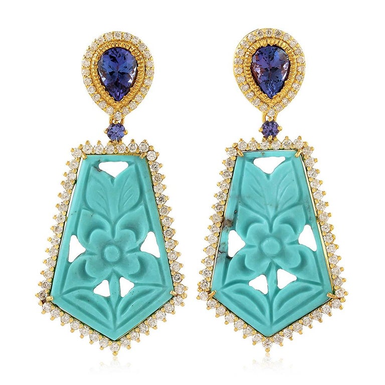 Carved Turquoise Earring with Diamonds and Tanzanite at 1stDibs