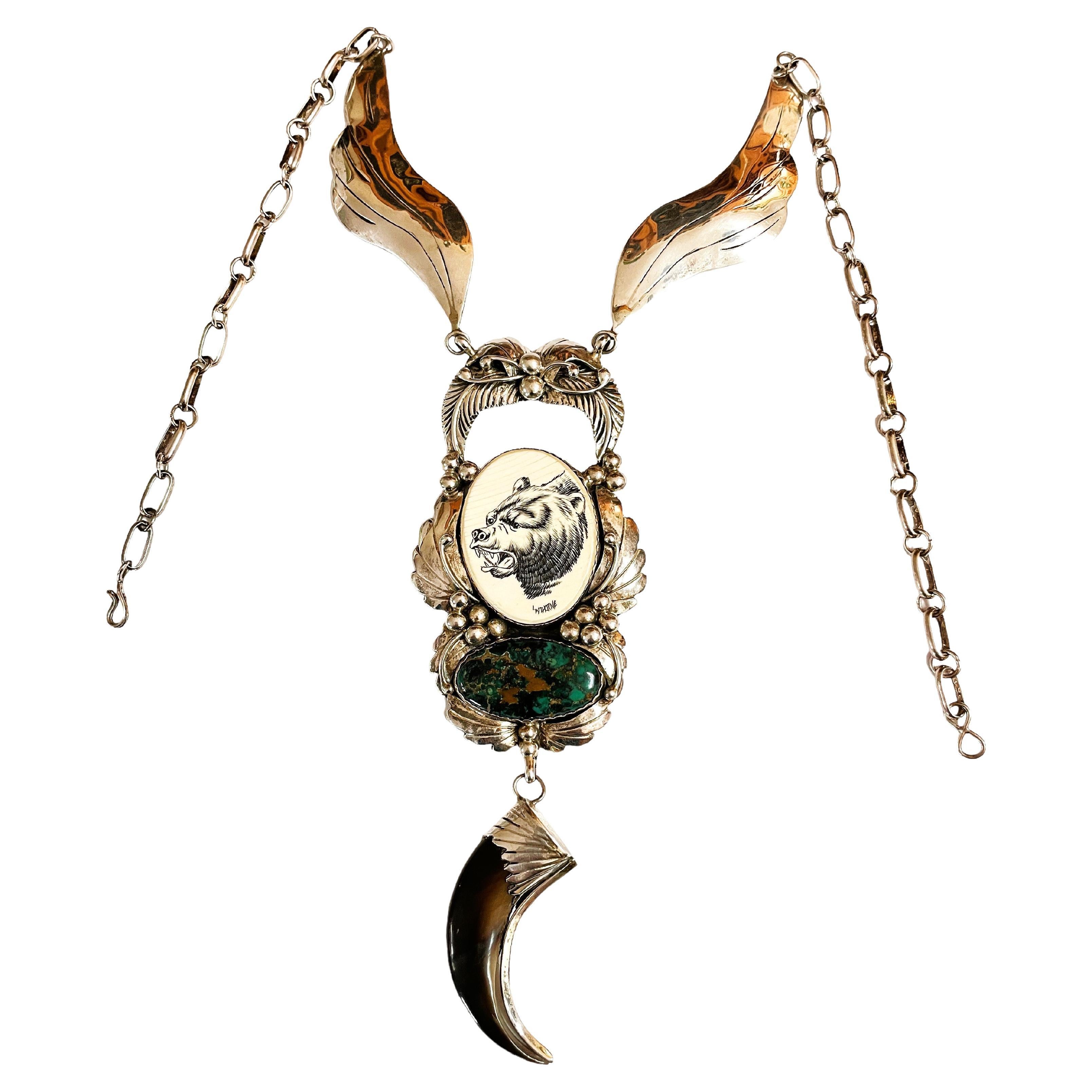 Vintage JJM Navajo Scrimshaw, Bear Claw and Precious Stone Sterling ...