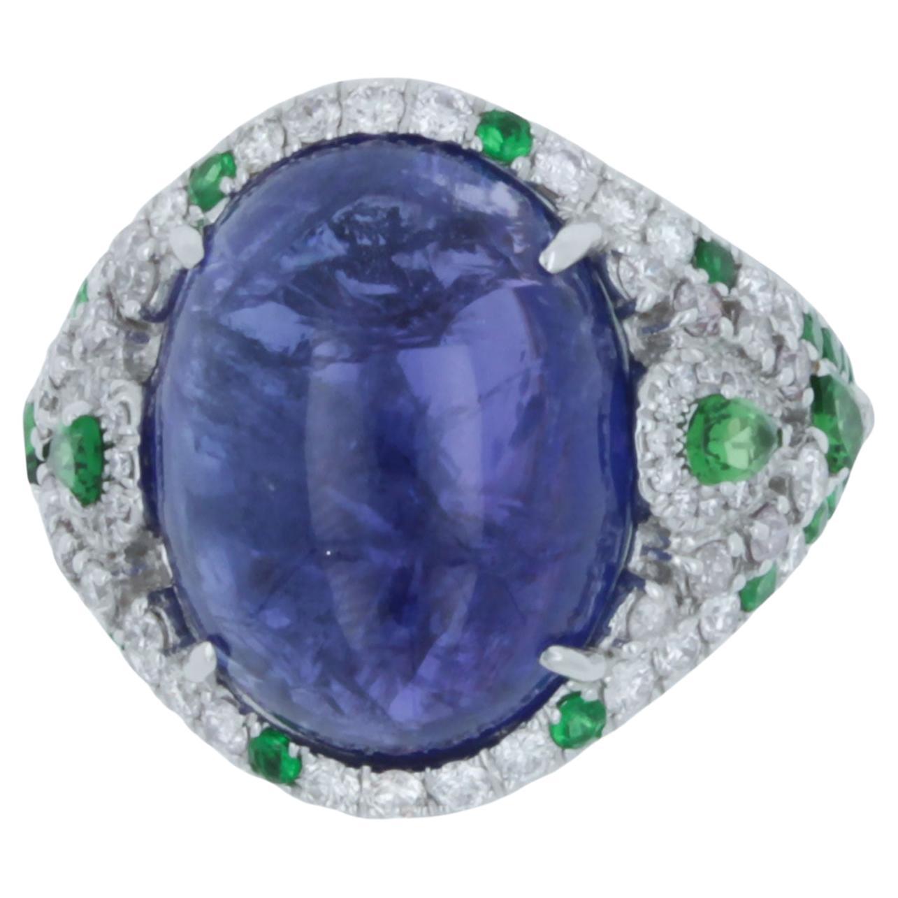Blue Tanzanite Oval Cabochon Diamonds Tsavorites Pave 18K White Gold ...
