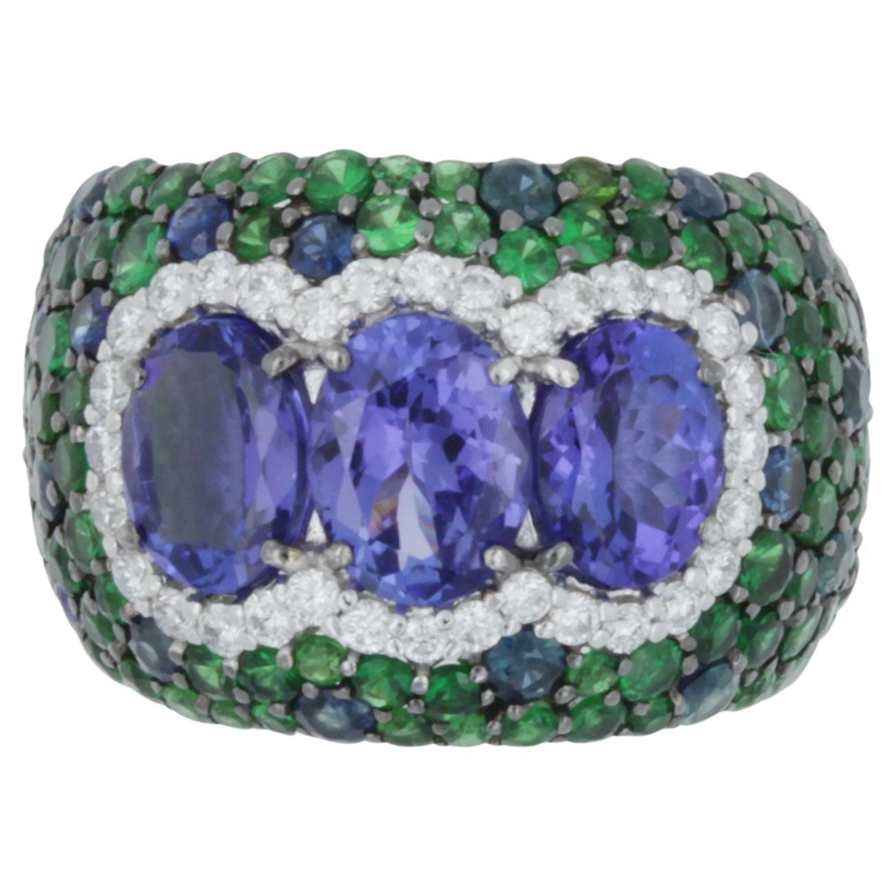 Tanzanite Tsavorite Diamond Pave Sapphire Cocktail Dome 18 Karat White ...