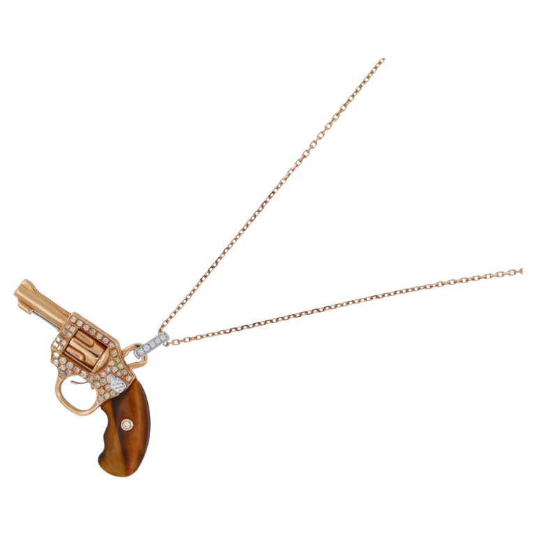 Diamond Pave Gun Revolver Tiger's Eye Gem 18K Rose Gold Necklace ...