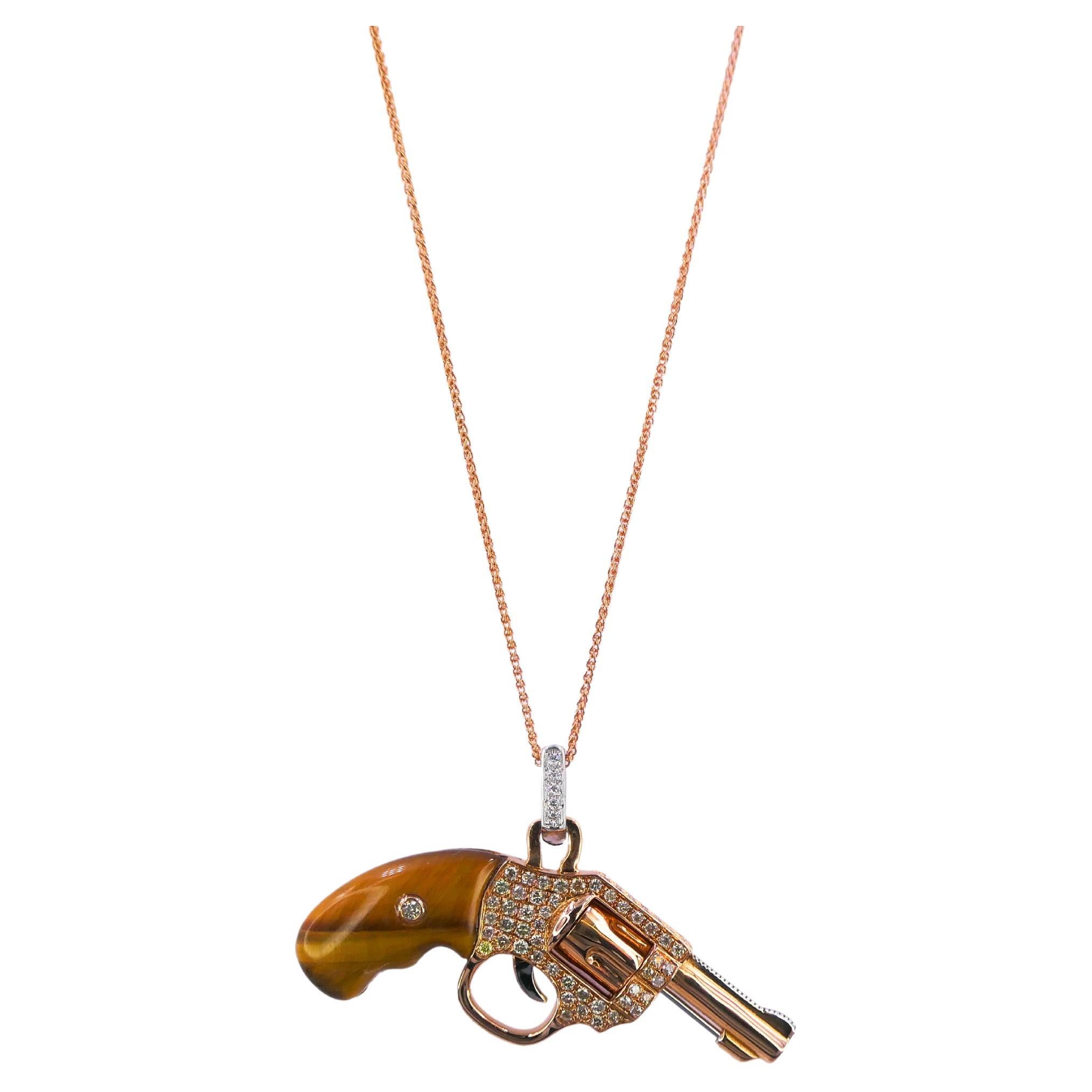 Diamond and Tigers Eye Jewelled Revolver Pendant Set in 18k Rose Gold ...