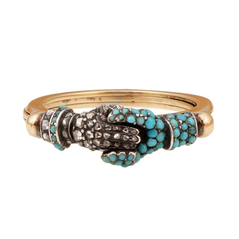 Georgian Turquoise Diamond Gold Gimmel Ring at 1stDibs