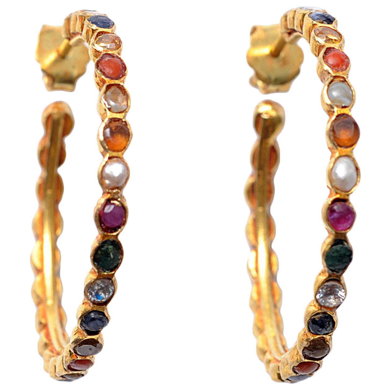 Gold Hoop Earrings Set with Precious and Semi-Precious Stones at 1stDibs