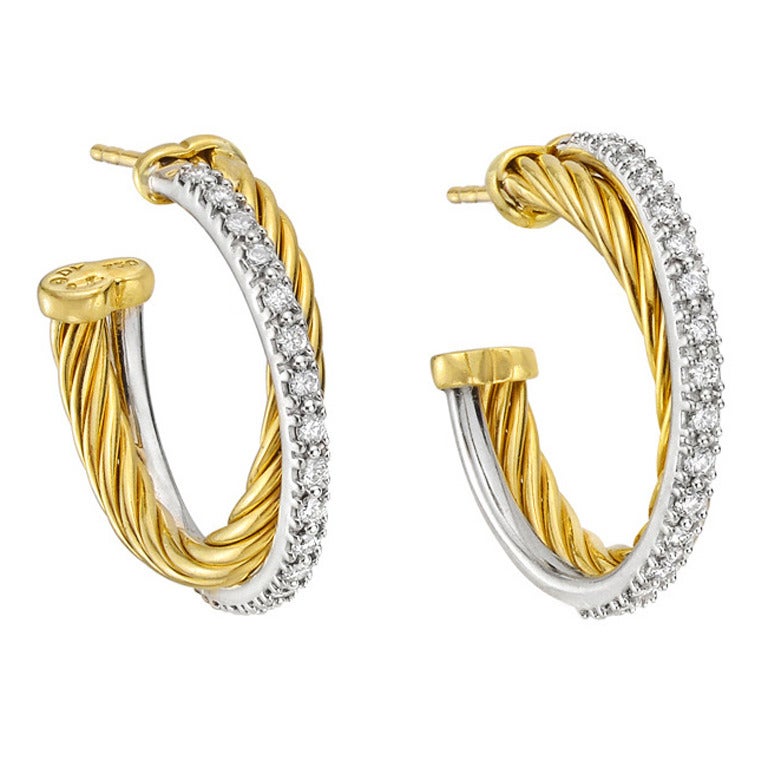 David Yurman Diamond Gold Crossover Hoop Earrings at 1stDibs