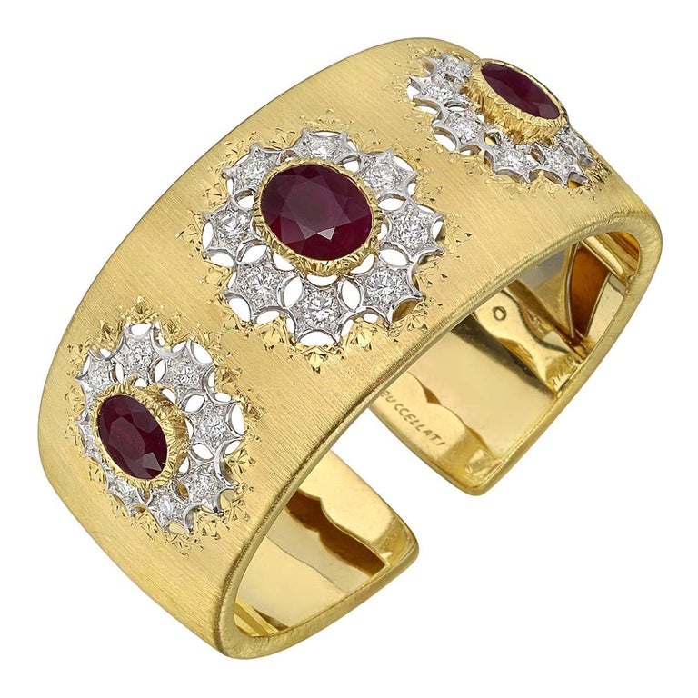 Buccellati Ruby Diamond Gold Cuff Bracelet For Sale at 1stdibs