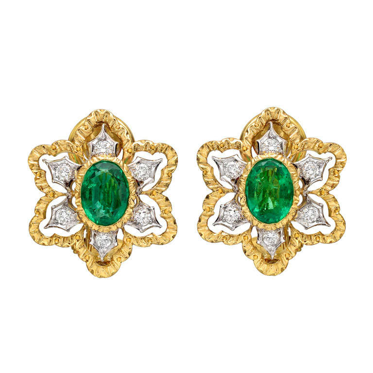 Buccellati Emerald and Diamond Foliate Earclips at 1stDibs