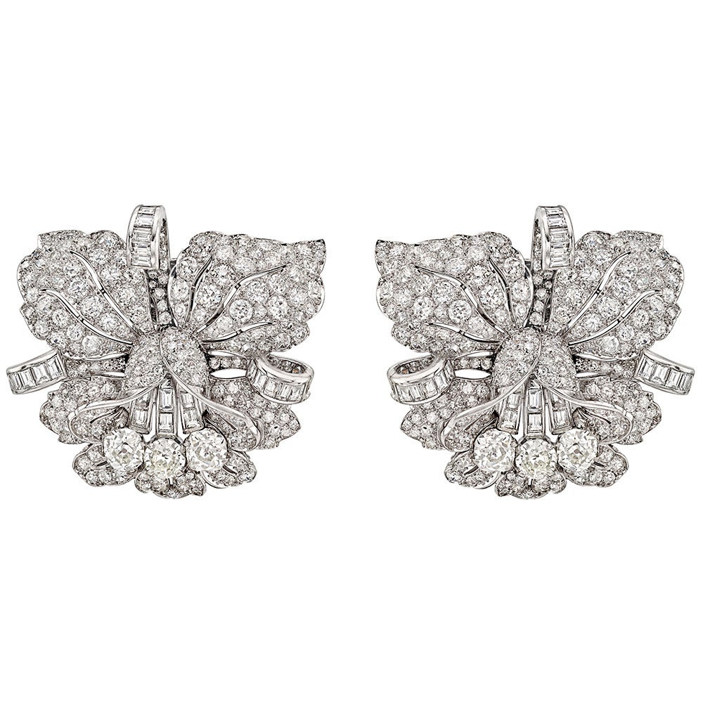 Pair of Diamond Platinum Orchid Flower Dress Clips at 1stDibs