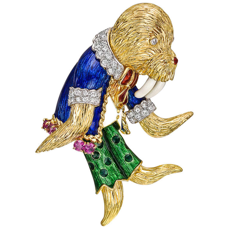 Enamel Gem Set Gold Walrus Brooch at 1stDibs