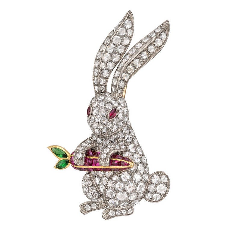 Diamond Rabbit with Ruby Carrot Brooch at 1stDibs