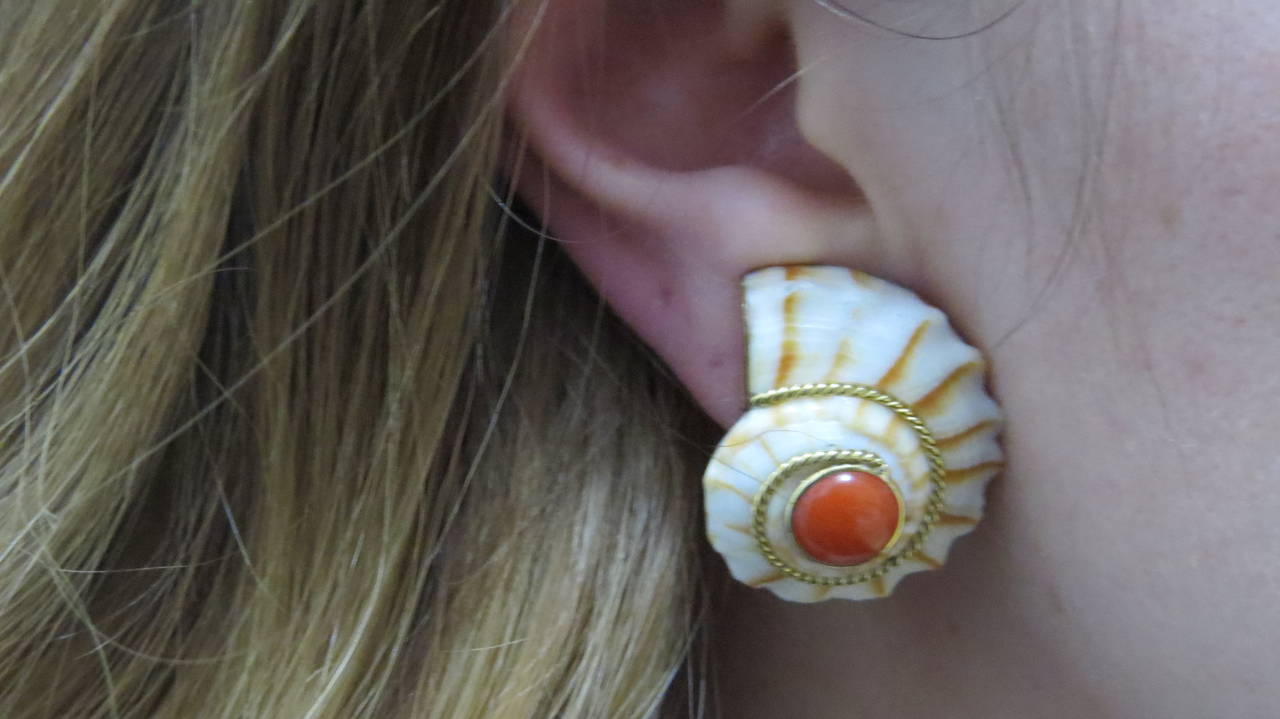 Maz Shell Coral Gold Earrings at 1stDibs | maz shell earrings