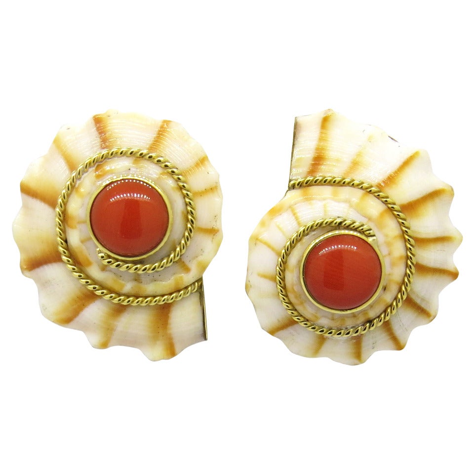 Maz Shell Coral Gold Earrings at 1stDibs | maz shell earrings