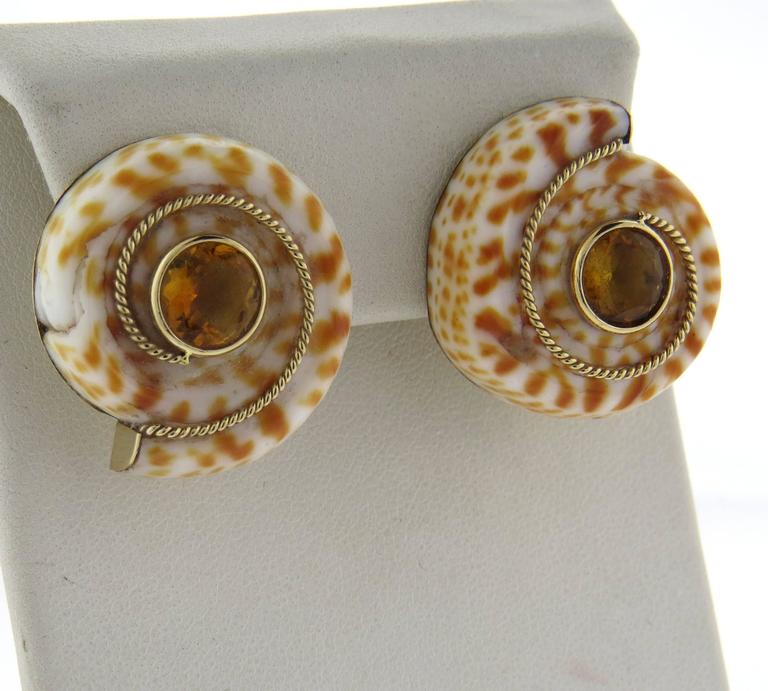 Maz Citrine Gold Shell Earrings at 1stDibs