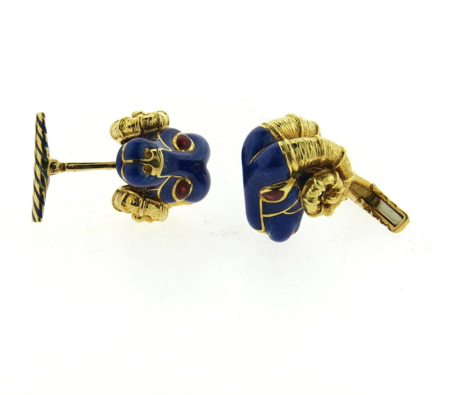 David Webb Important Enamel Gold Ram's Head Cufflinks Stud Dress Set at ...
