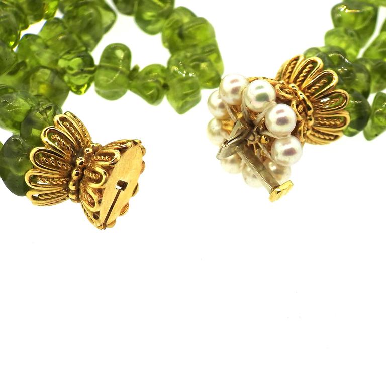 Impressive Peridot Pearl Gold Multi Strand Necklace at 1stDibs