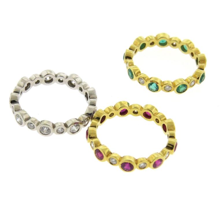 Modern Emerald Ruby Diamond Gold Stackable Ring Set at 1stDibs