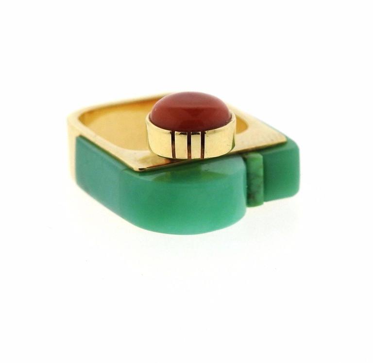 Richard Chavez Native American Navajo Jade Coral Gold Ring at 1stDibs