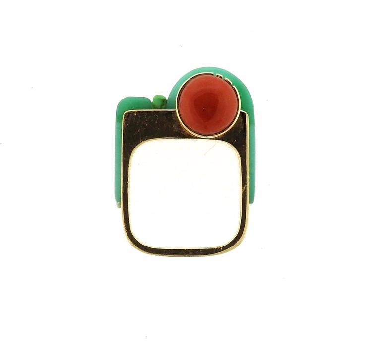 Richard Chavez Native American Navajo Jade Coral Gold Ring at 1stDibs