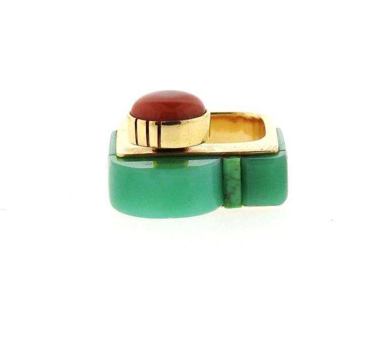 Richard Chavez Native American Navajo Jade Coral Gold Ring at 1stDibs