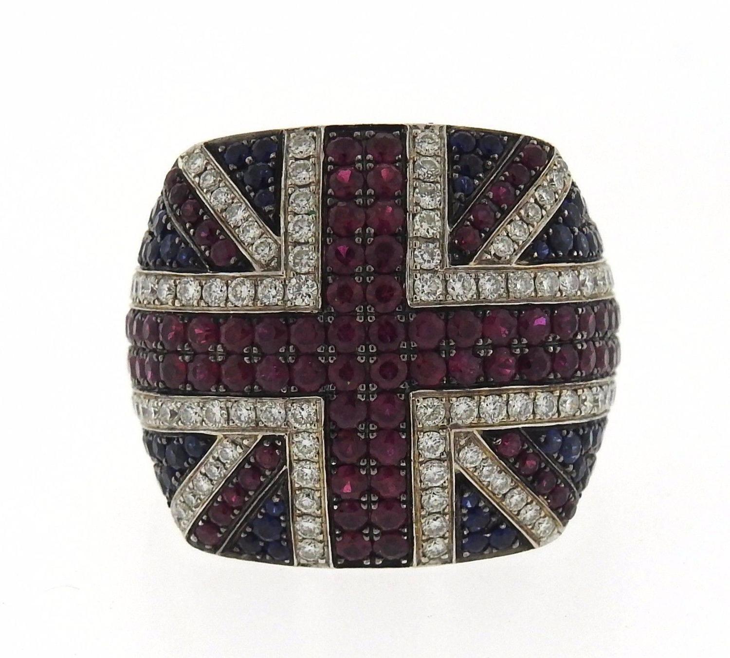 Asprey Union Jack Gold Diamond Ruby Sapphire Ring For Sale at 1stdibs