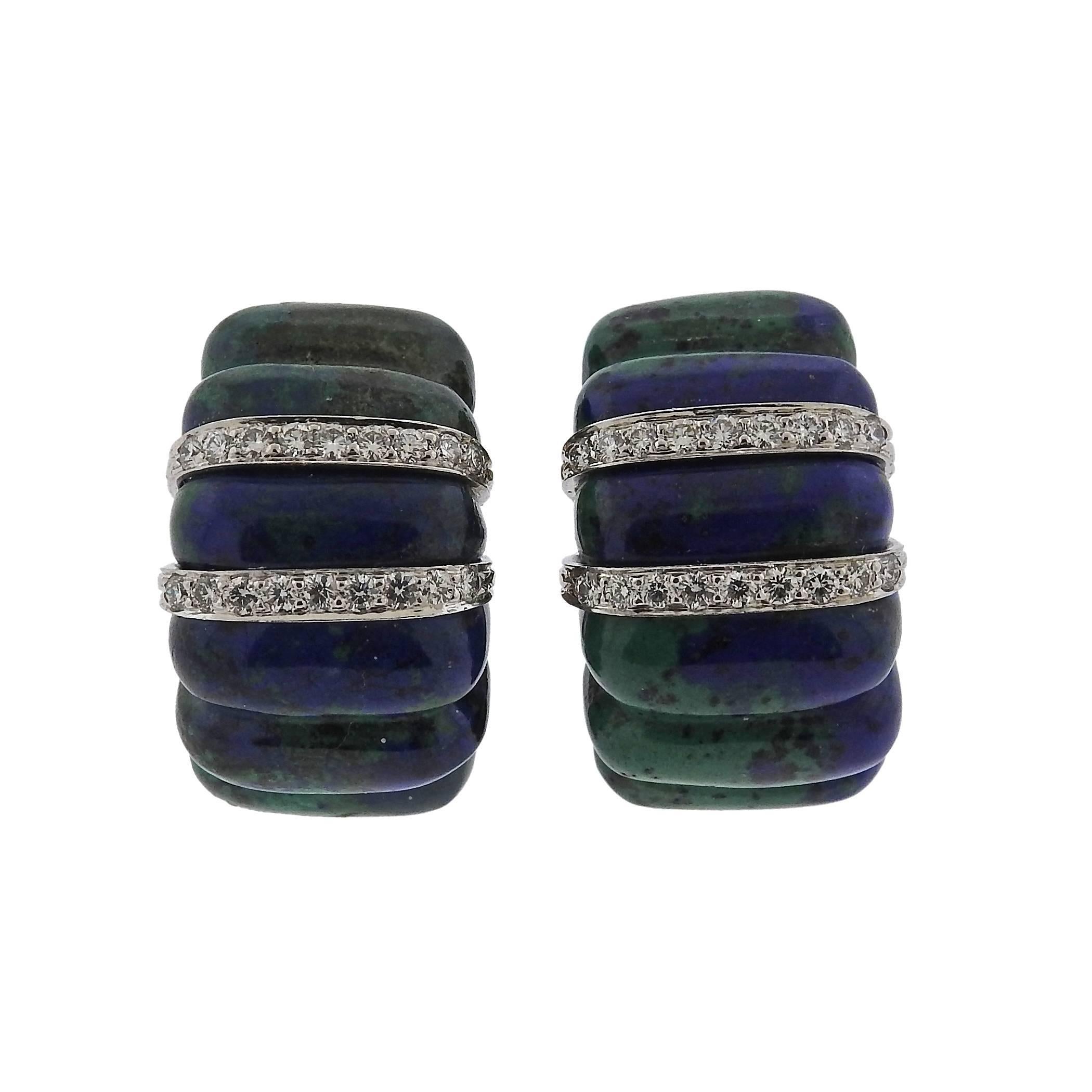 David Webb Gold and Azurmalachite Diamond Clip Earrings For Sale at 1stDibs