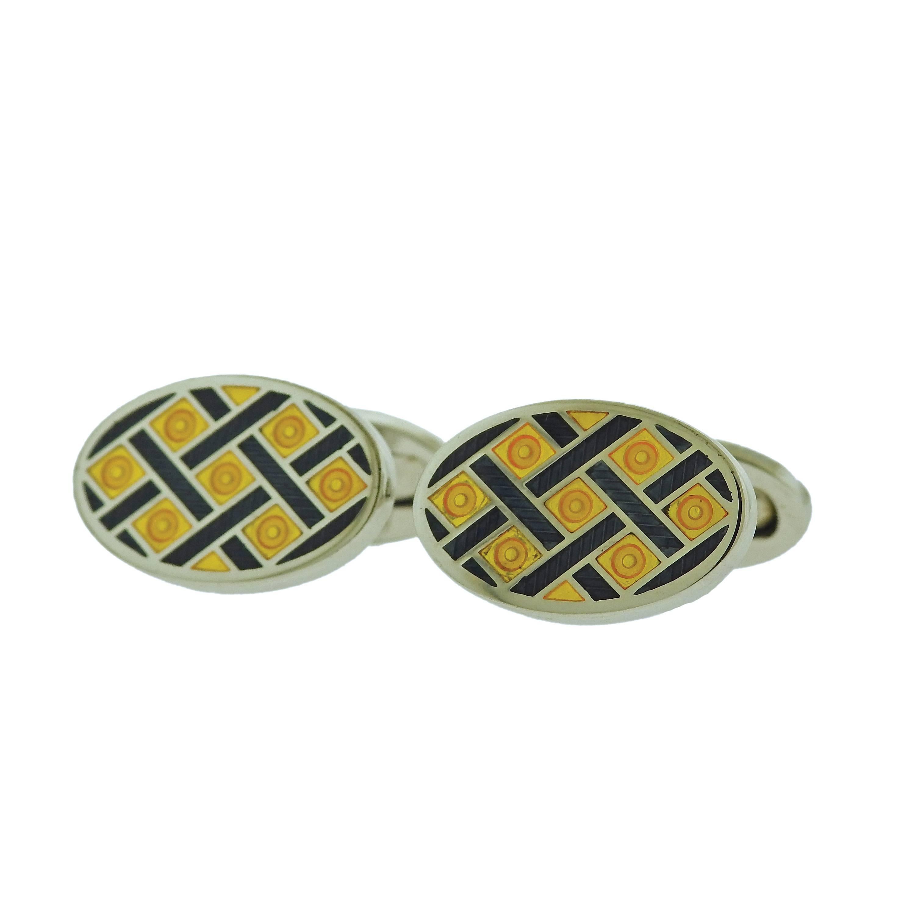 Jan Leslie Orange Navy Blue Enamel Frog Silver Cufflinks For Sale at ...