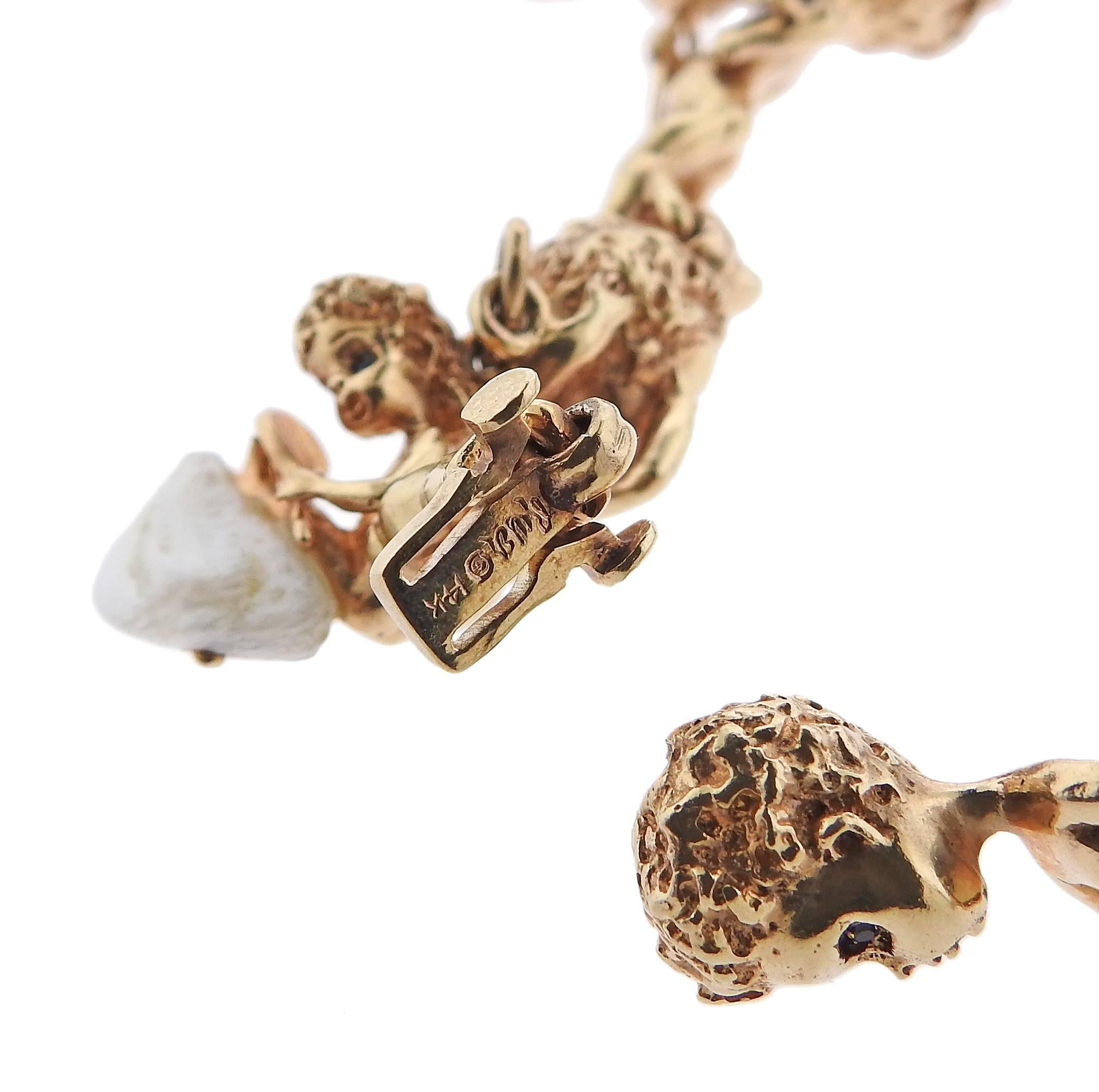 Ruser Retro Gold Pearl Sapphire Cherub Charm Bracelet at 1stDibs ...