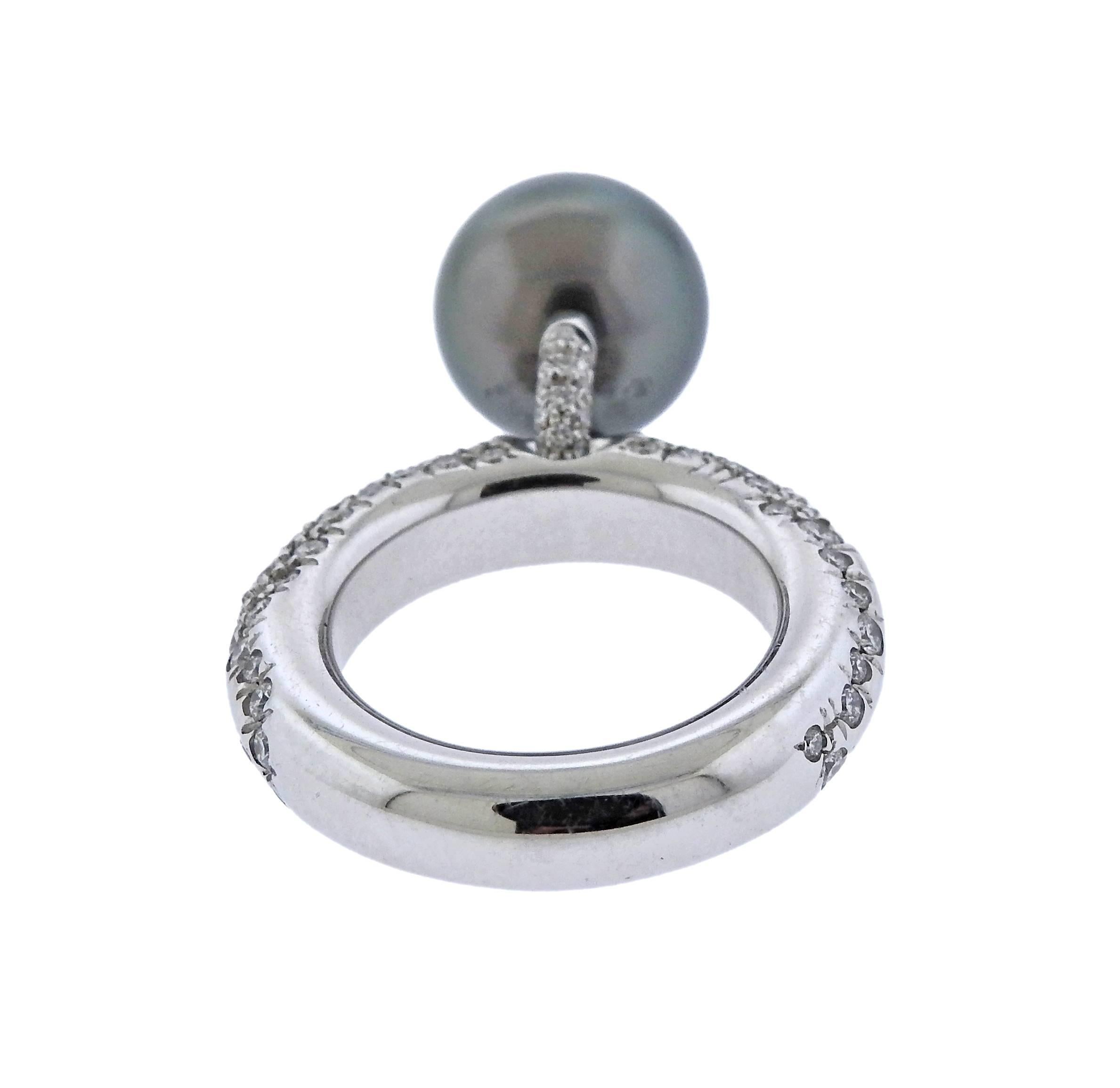 Mikimoto Black South Sea Pearl Diamond Gold Ring at 1stDibs