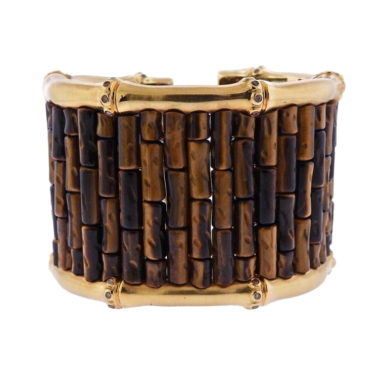 Mish New York Massive Tiger's Eye Diamond Bamboo Gold Cuff Bracelet at ...