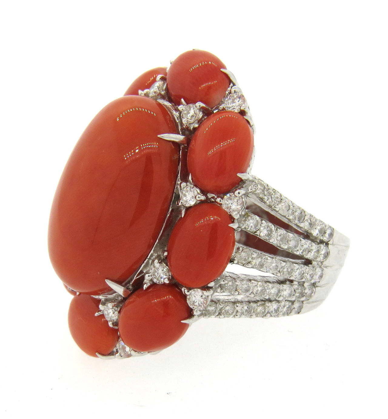 Large Coral Diamond Gold Ring at 1stDibs