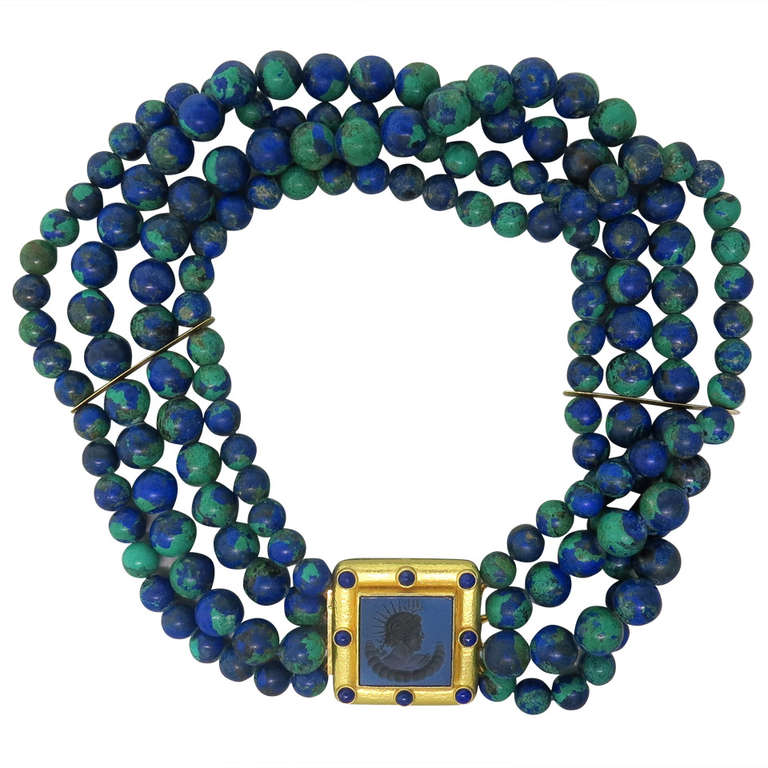 Elizabeth Locke Azurmalachite Bead Lapis Intaglio Gold Choker Necklace ...
