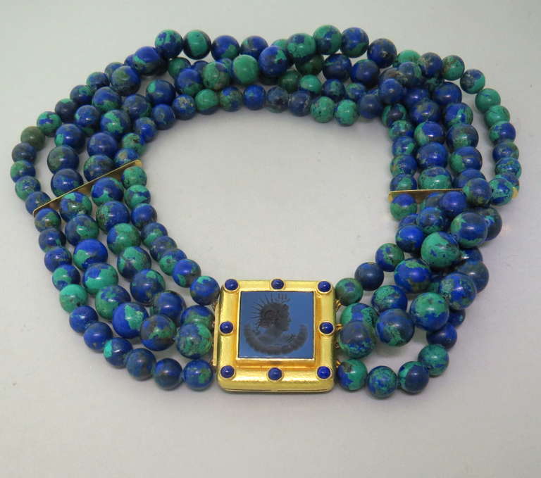Elizabeth Locke Azurmalachite Bead Lapis Intaglio Gold Choker Necklace ...