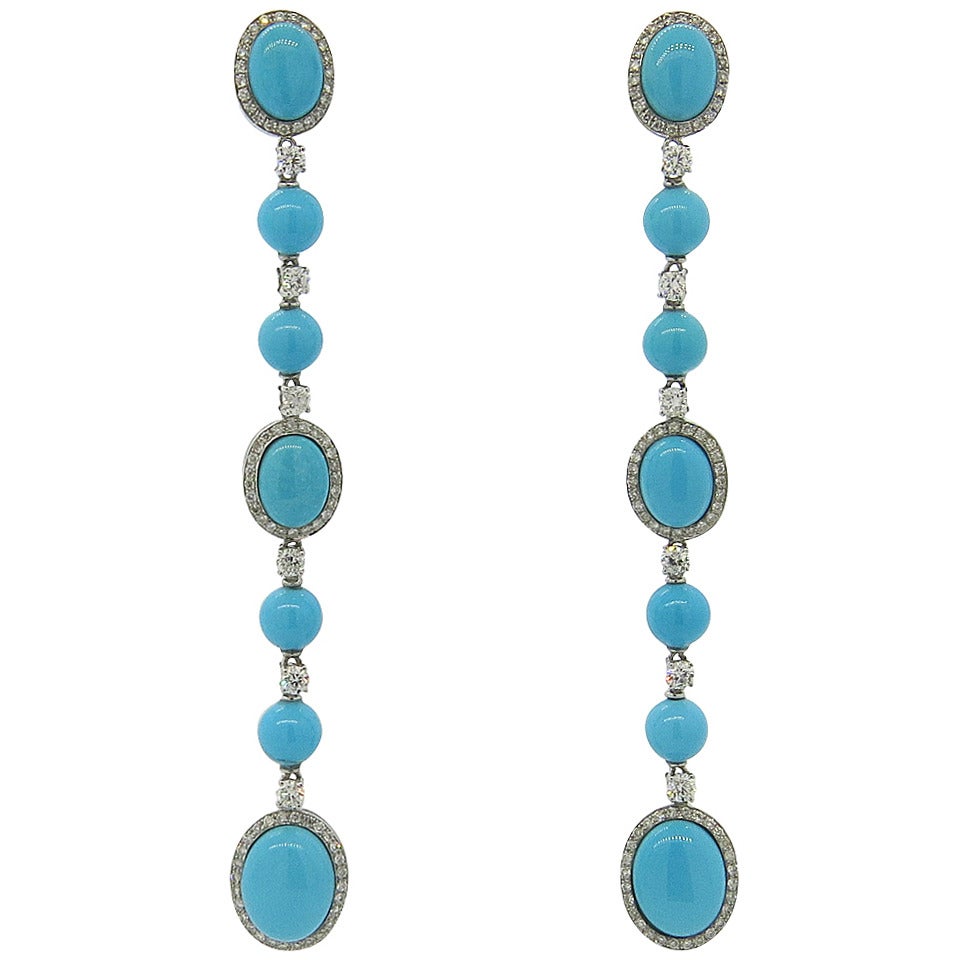 Beautiful Turquoise Diamond Gold Long Drop Earrings at 1stDibs ...