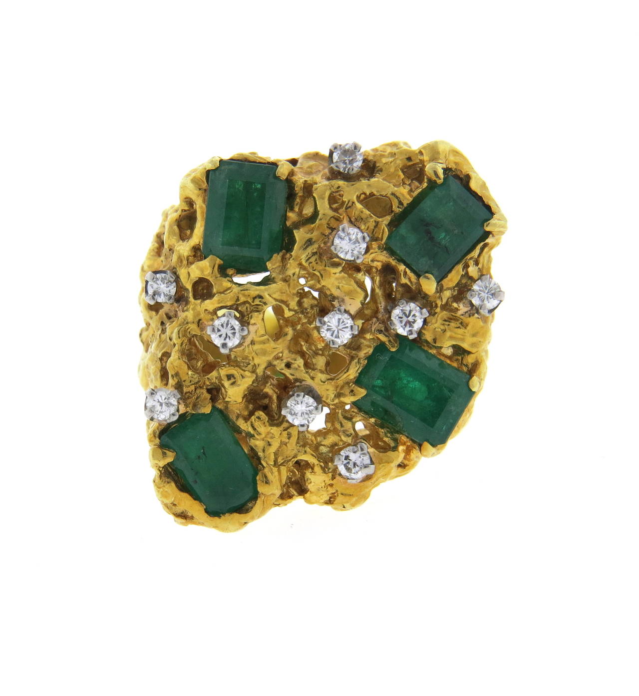 1970s Emerald Diamond Gold Free Form Ring at 1stDibs