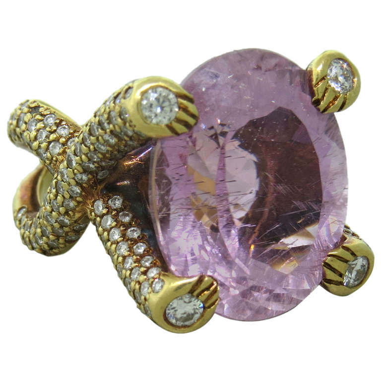 Modern Gold Rutilated Rose Quartz Diamond Cocktail Ring For Sale at 1stDibs