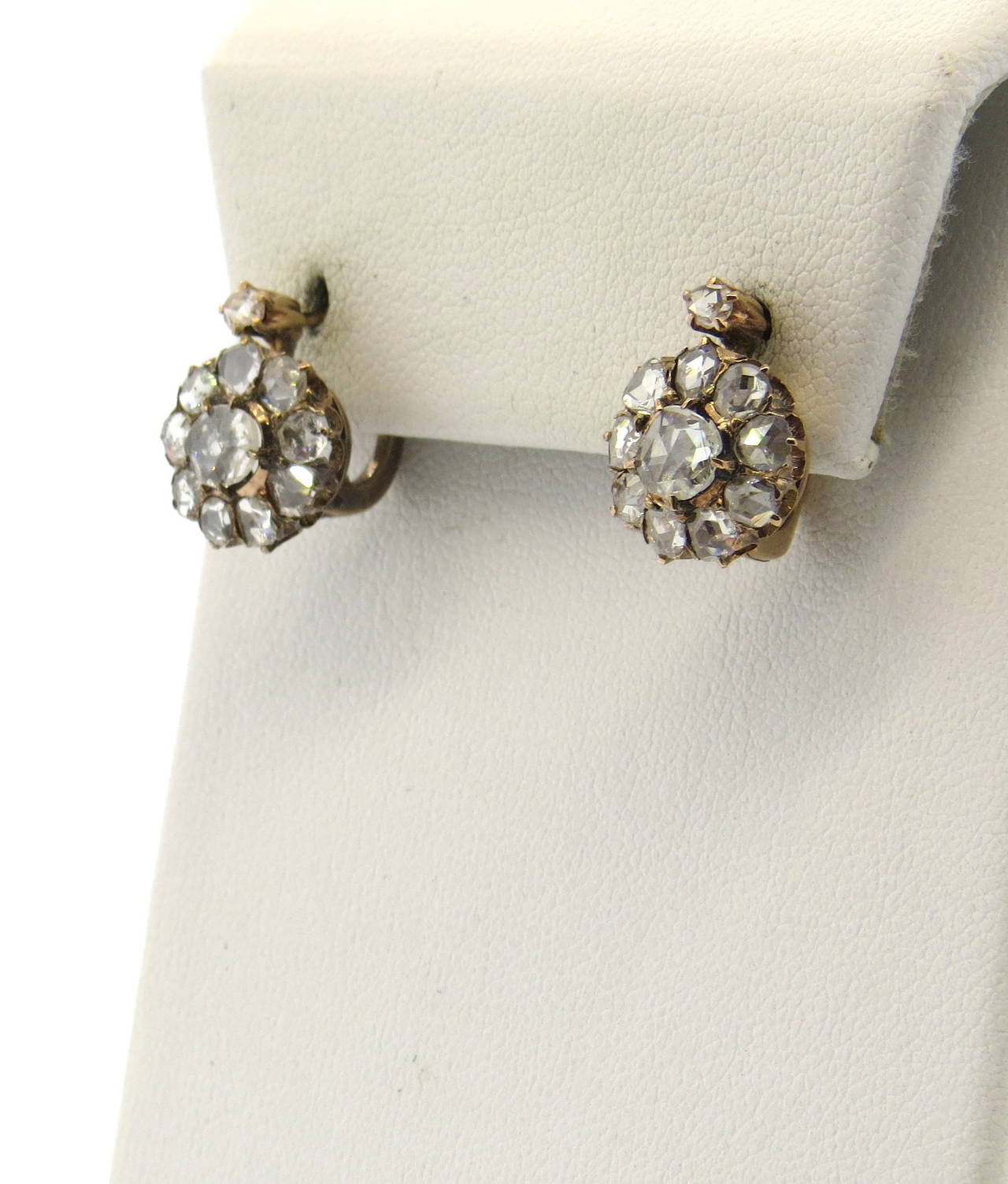 Early Victorian Rose Cut Diamond Gold Leverback Earrings at 1stDibs
