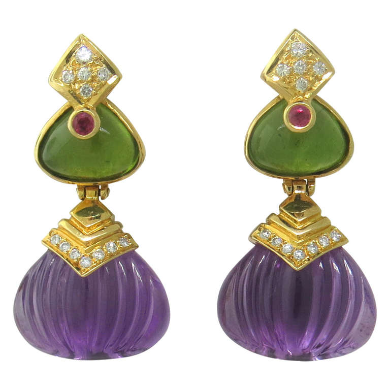 Amethyst Peridot Ruby Diamond Gold Drop Earrings at 1stDibs