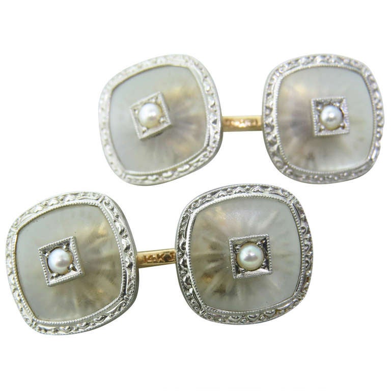 Art Deco Rock Crystal Pearl Gold Cufflinks For Sale at 1stDibs