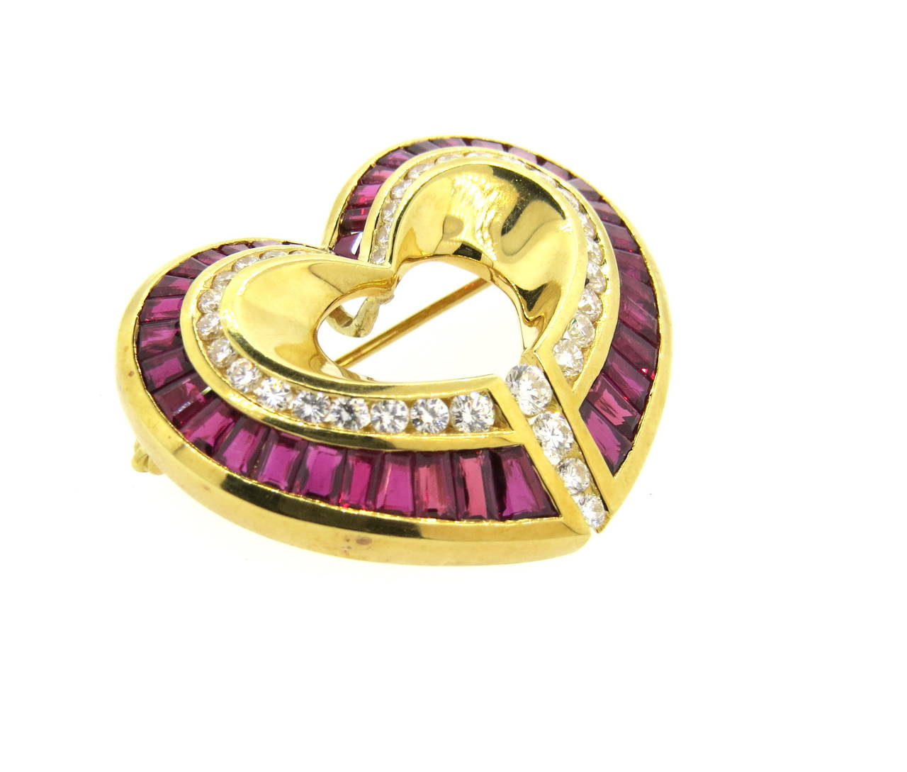 Classic Charles Krypell Ruby Diamond Gold Heart Pendant Brooch at 1stDibs