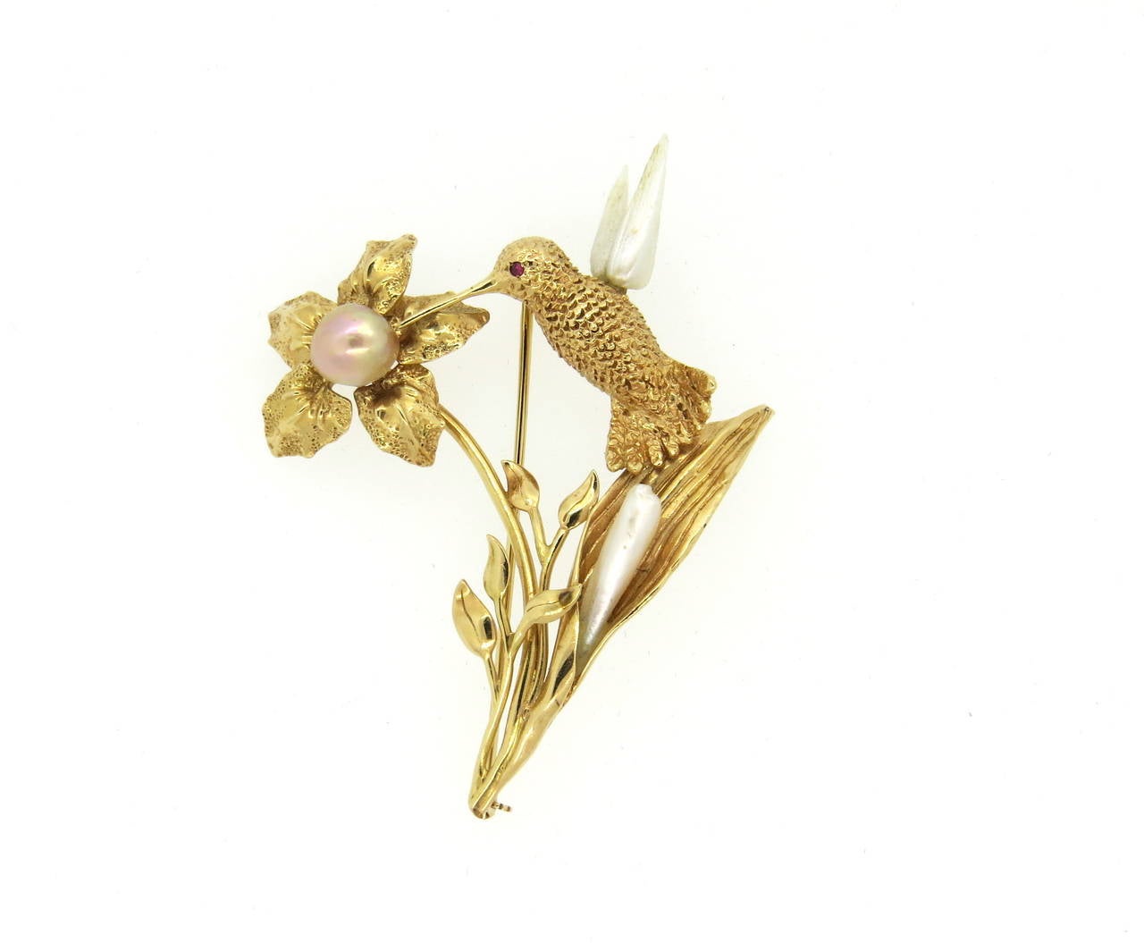 Ruser Pearl Ruby and Gold Hummingbird Brooch Pin at 1stDibs
