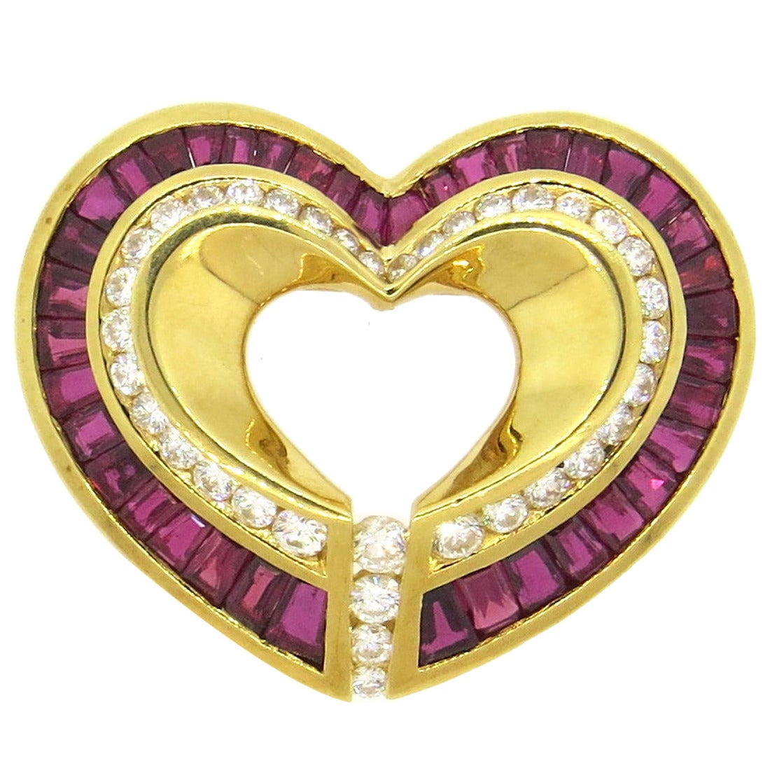 Classic Charles Krypell Ruby Diamond Gold Heart Pendant Brooch at 1stDibs