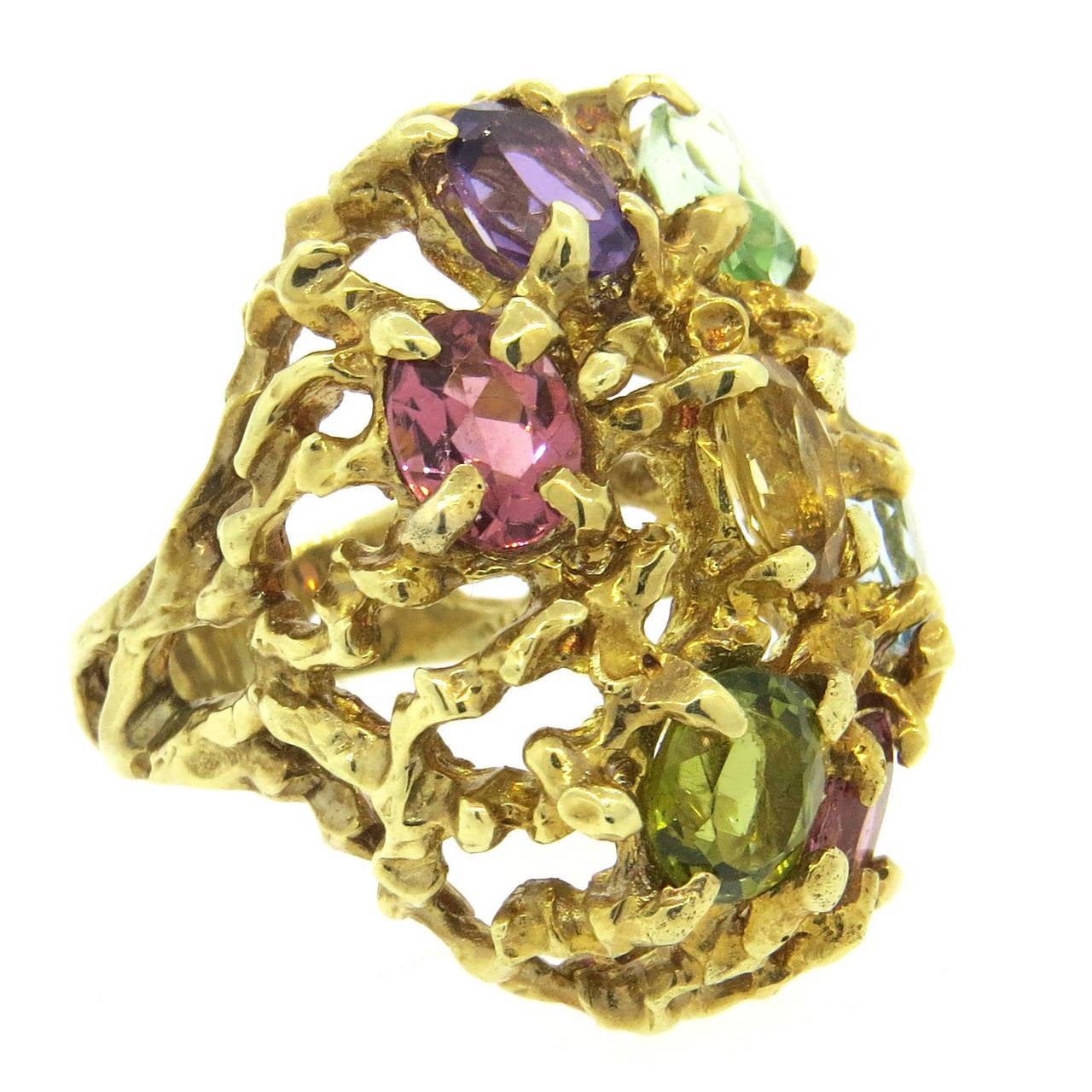 1970s Large Multi-Color Gemstone Gold Free-Form Ring at 1stDibs