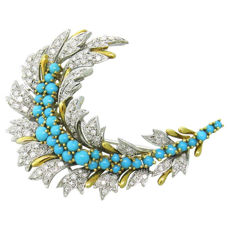 1960s Gold Diamond Turquoise Brooch Pin at 1stDibs