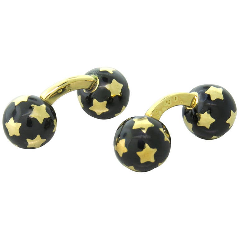 French Black Enamel Gold Star Ball Cufflinks at 1stDibs