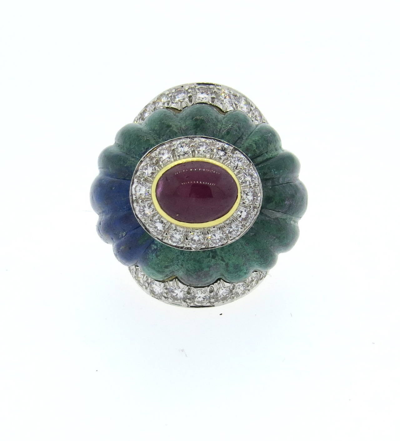 Impressive David Webb Azurite Ruby Diamond Platinum Gold Ring at 1stDibs