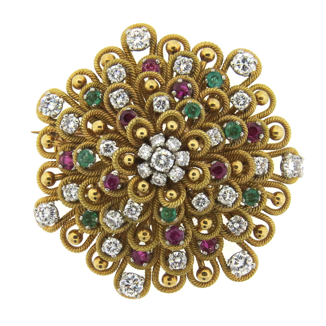 Impressive Vourakis Emerald Ruby Diamond Gold Brooch at 1stDibs