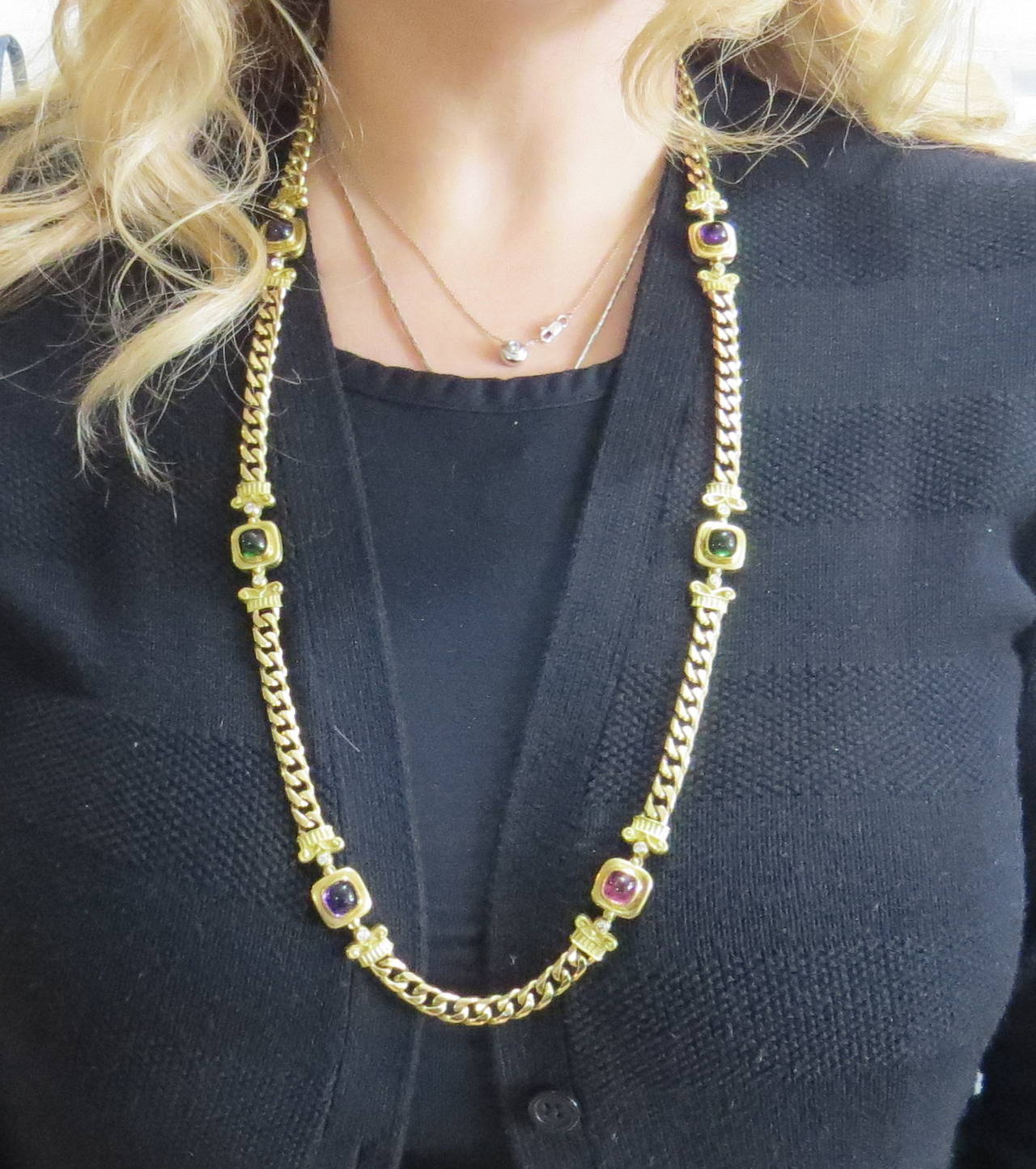 Impressive Multicolor Gemstone Diamond Station Chain Necklace at 1stDibs