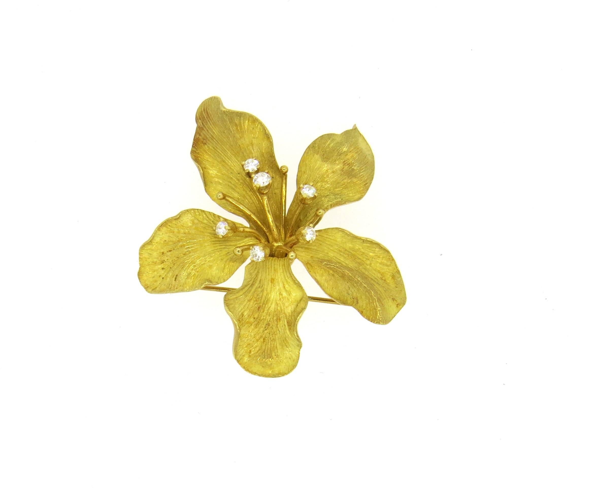 Tiffany and Co Diamond Gold Flower Brooch Pin at 1stDibs
