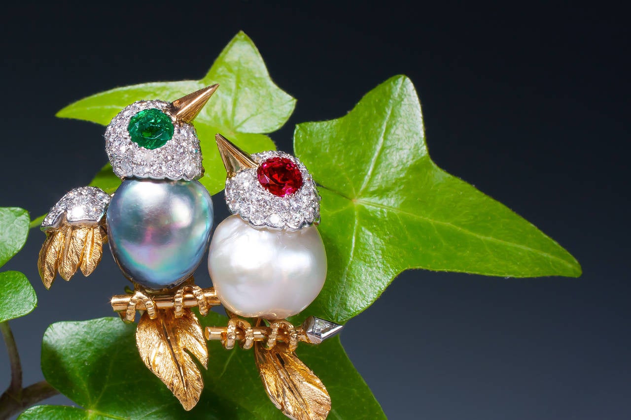Cartier Paris Charming Diamond Pearl Love Birds On Branch Pin For Sale ...