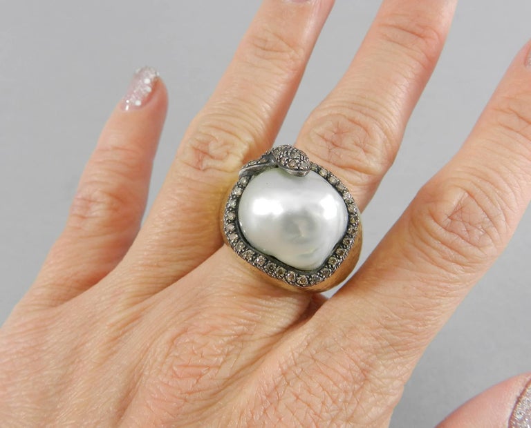 18 Karat Gold Baroque South Sea Pearl Diamond Snake Ring For Sale at ...